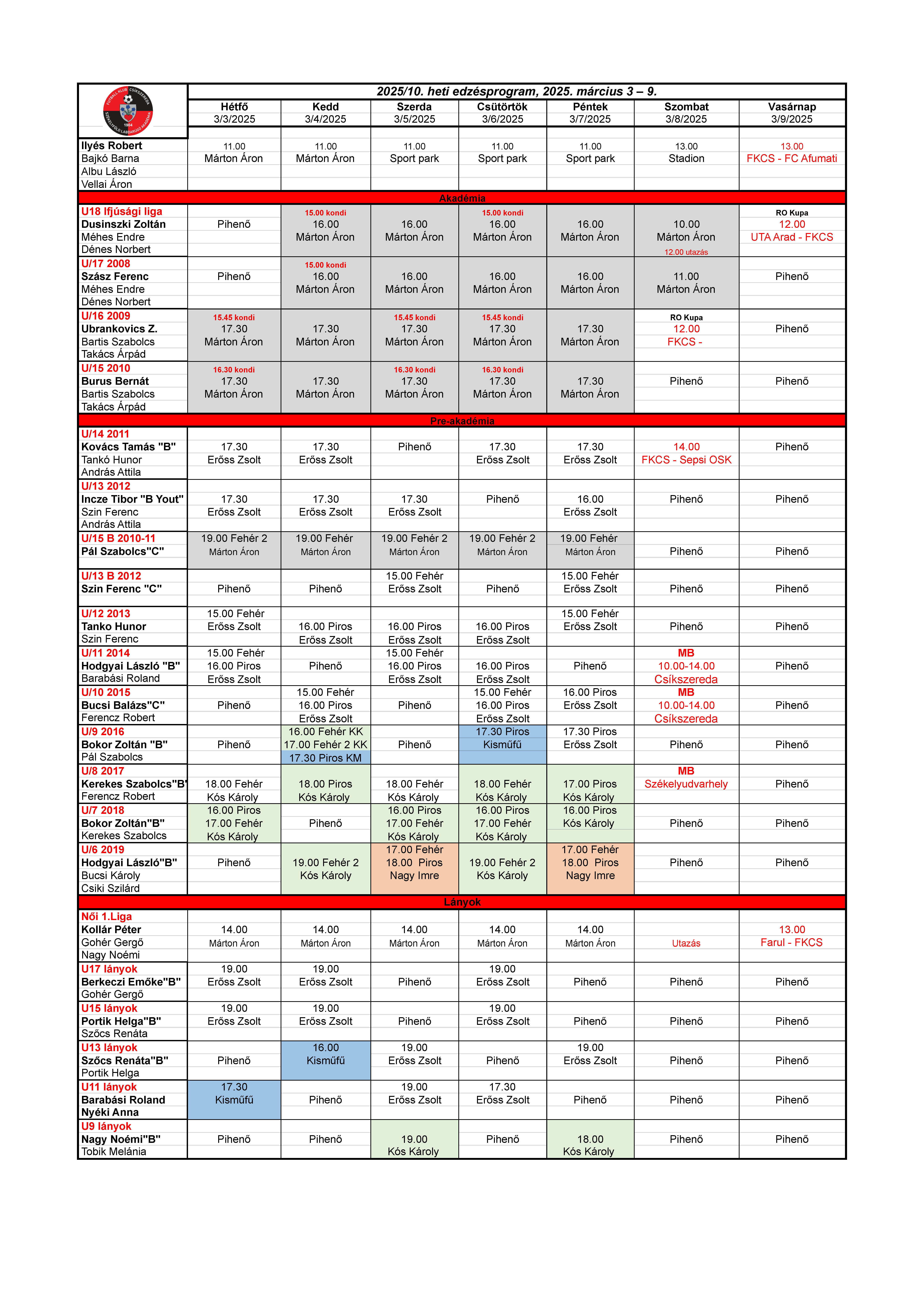 Heti program | 2025. március 2–9. • FK Csíkszereda